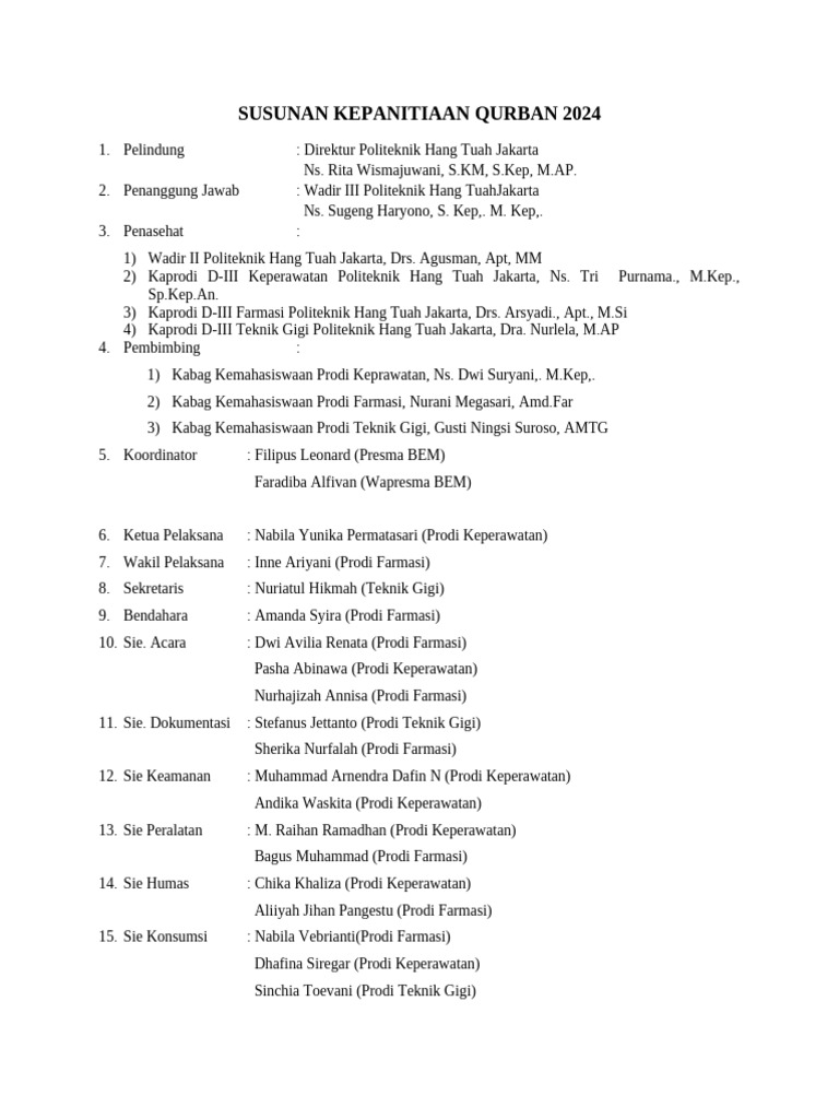 Susunan Kepanitiaan Qurban 2024 | PDF