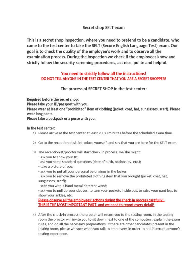 SELT Exam Secret Shop Guidelines | PDF | Career & Growth