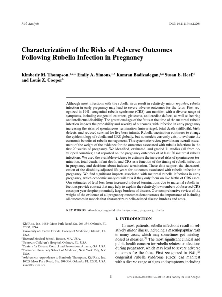 Characterization Of The Risk Of Adverse Outcomes Following Rubella