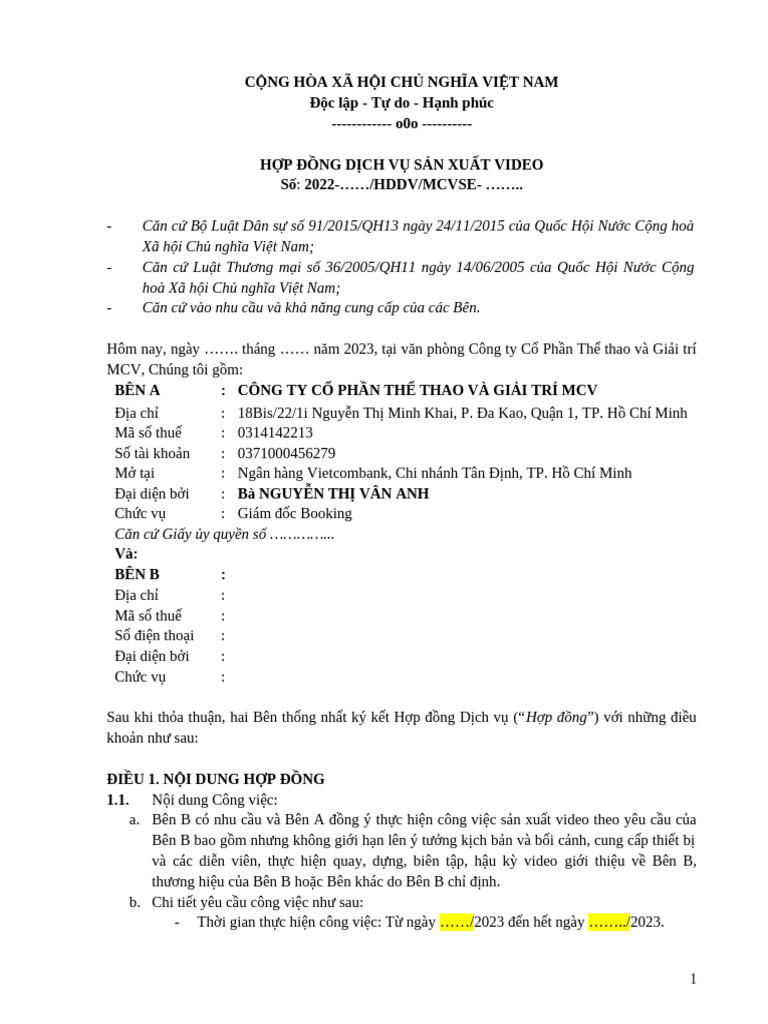 HĐ dịch vụ SX video booking draft | PDF