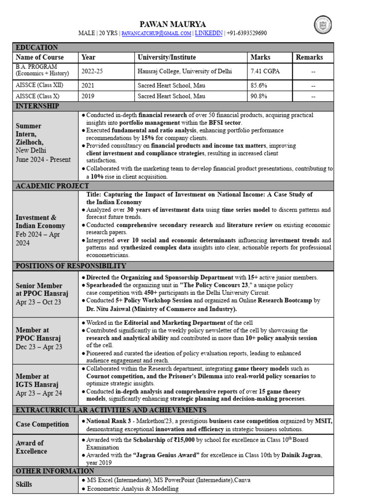 Pawan Maurya: Economics Student Profile | PDF | Economies