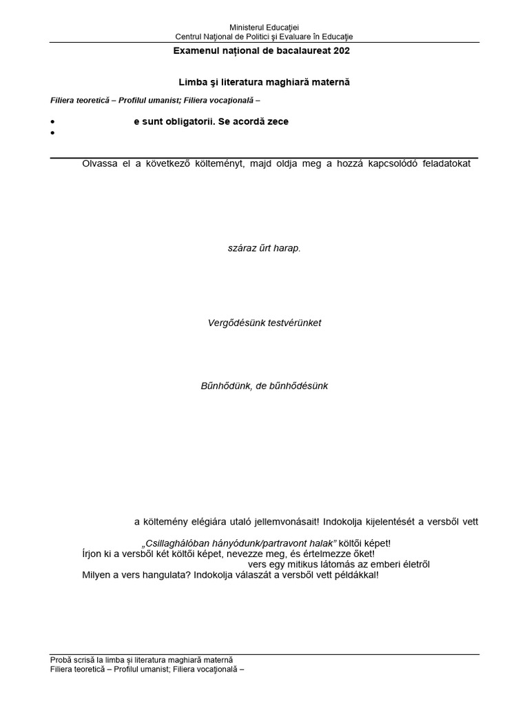E B Limba Maghiara Materna Uman Ped 2025 Var Model | PDF
