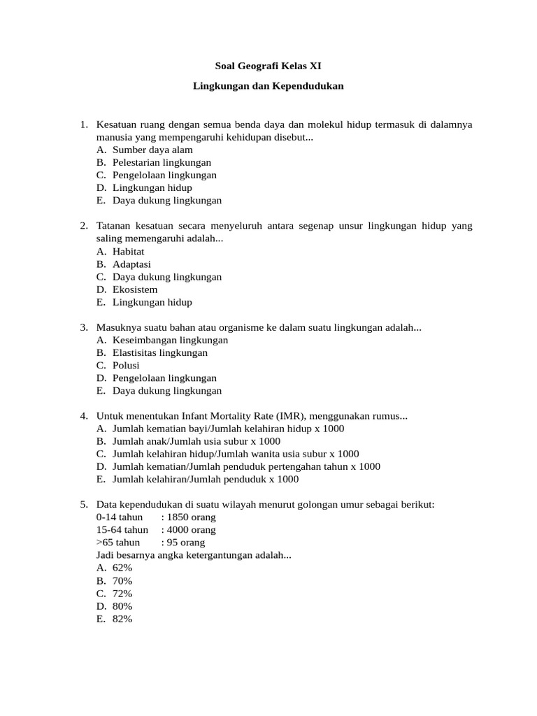 Soal Geografi Kelas XI Lingkungan Dan Kependudukan | PDF | Pengelolaan Keuangan & Uang | Ilmu Sosial
