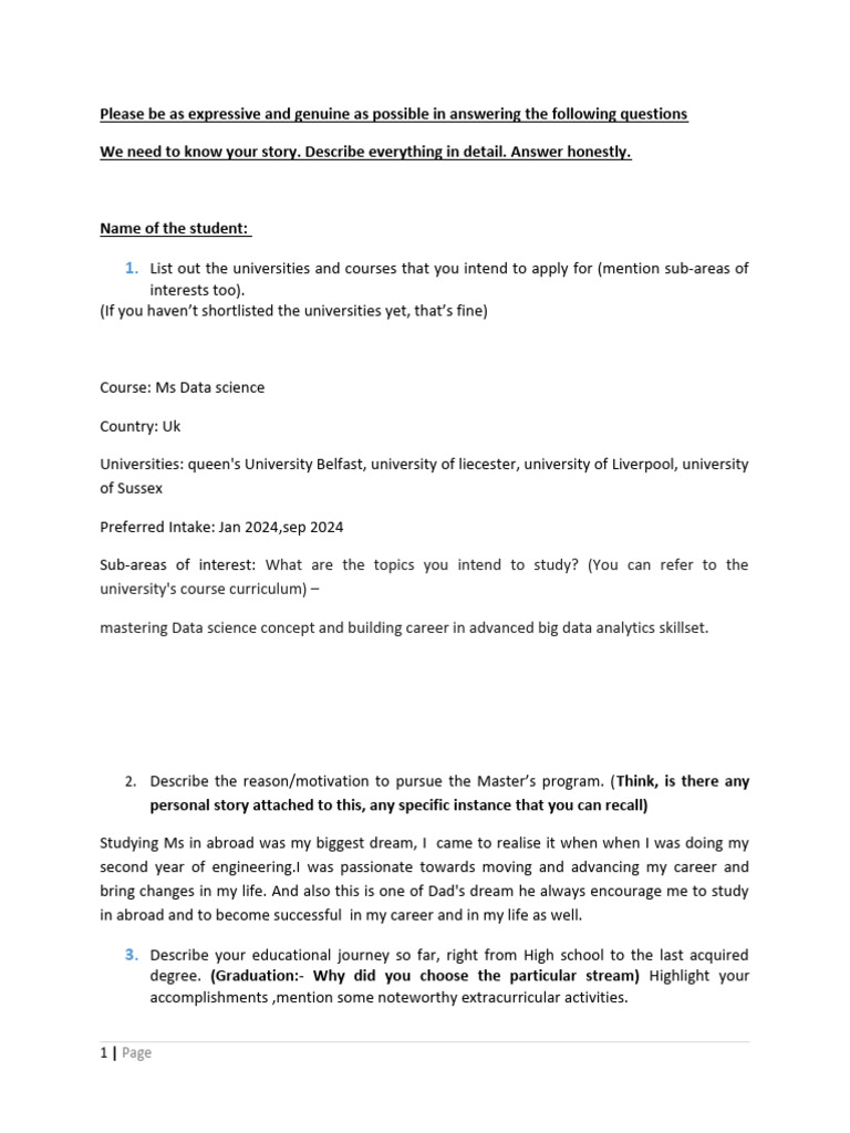 SOP Filled Questionnaire Sample | PDF | Science | Cognition