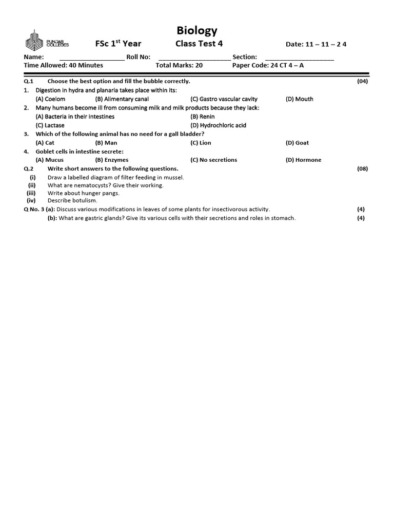 Biology 1st Year CT 04 11-11-2024 | PDF
