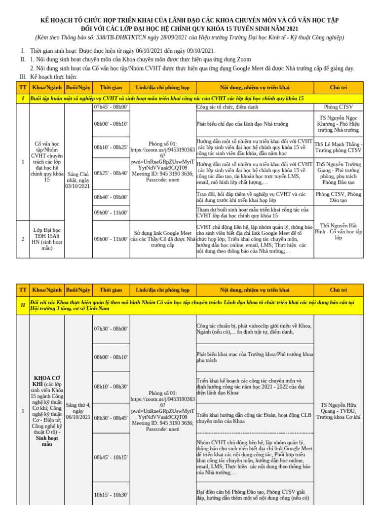 Phụ lục số 1. Kế hoạch sinh hoạt chuyên môn của Khoa và CVHT | PDF