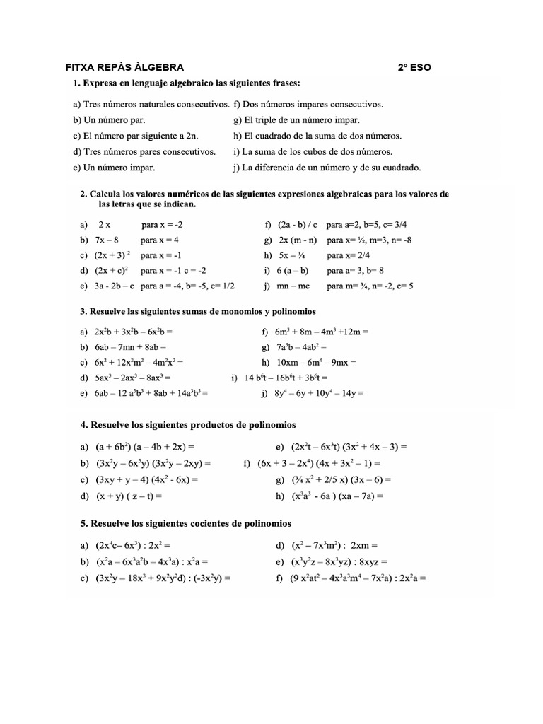 Fitxa Repàs Àlgebra | PDF