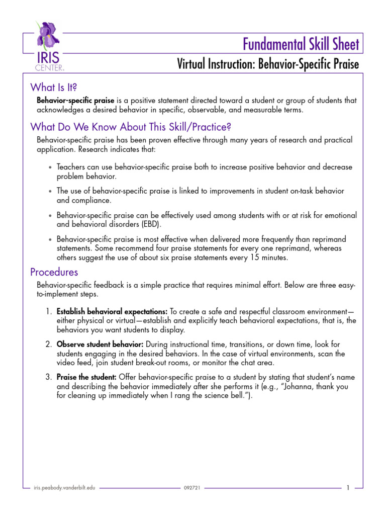Effective Virtual Behavior-Specific Praise | PDF | Behavior ...