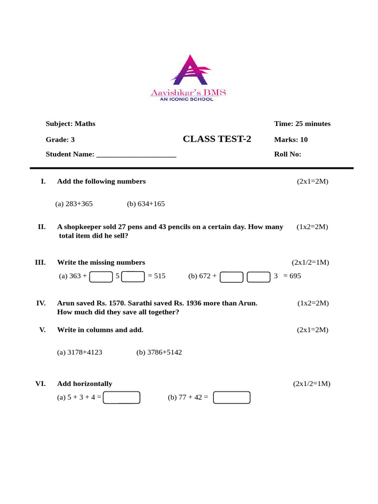 Grade 3 Math Test | PDF | Teaching Methods & Materials