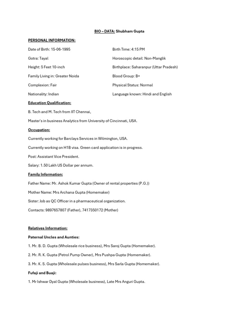 Shubham Biodata | PDF