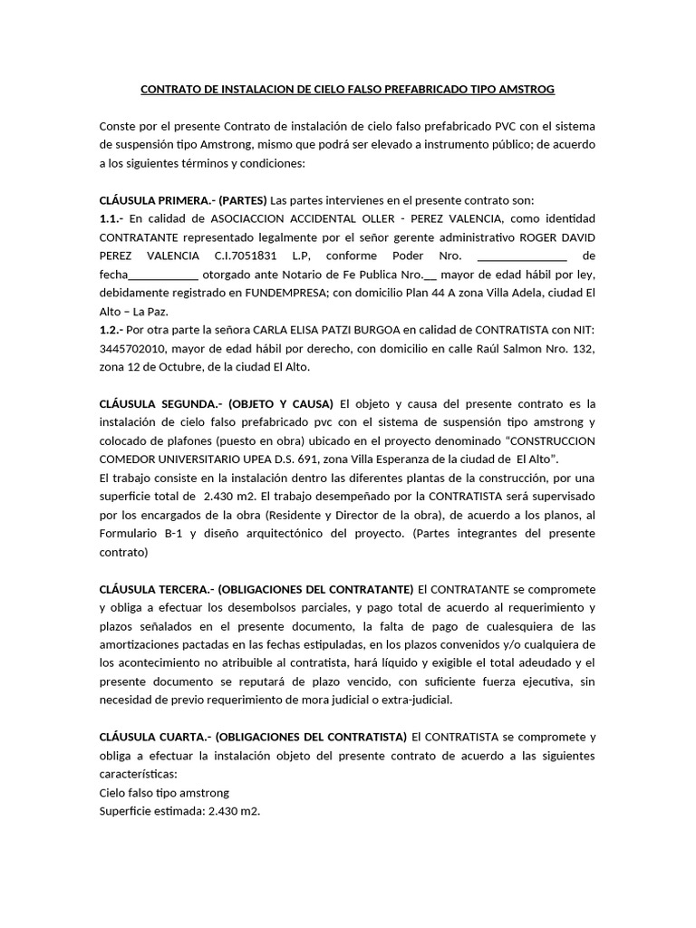 Contrato de Instalacion de Cielo Falso Prefabricado Tipo Amstrog | PDF