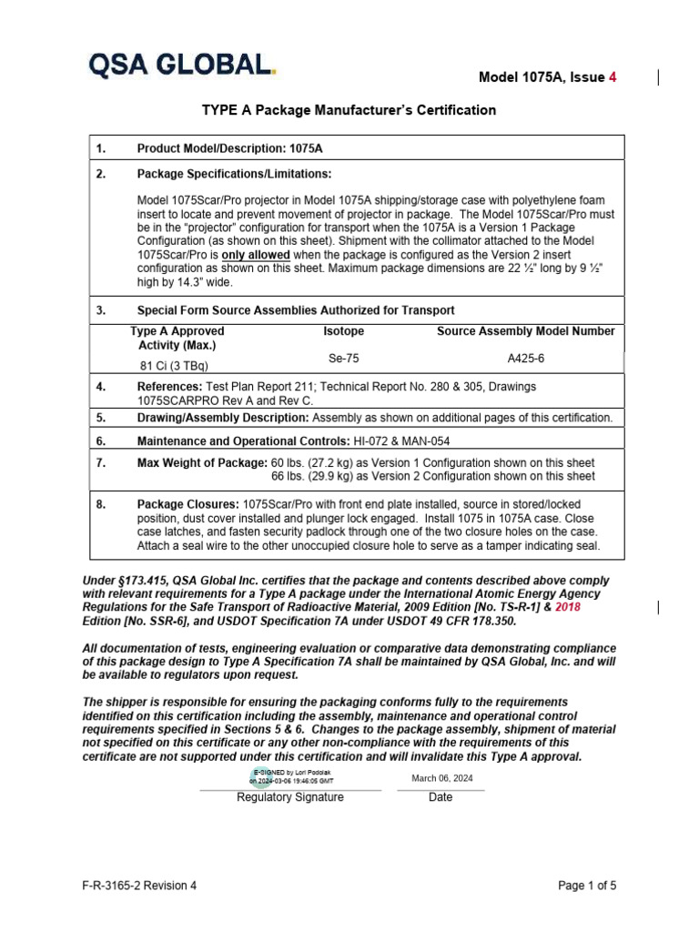 1075A Type a Cert | PDF | Packaging And Labeling | Specification ...