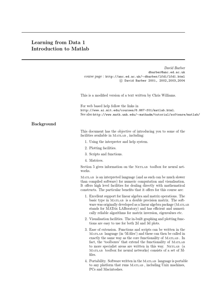 Learning From Data 1 Introduction To Matlab Background Pdf Matlab