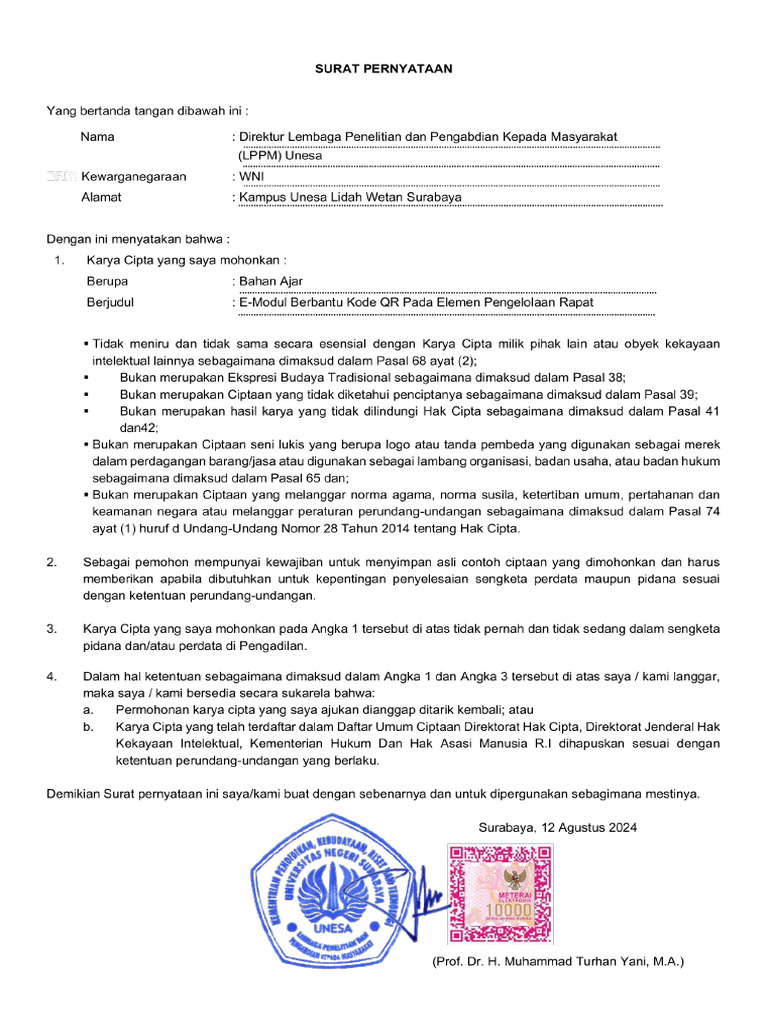 Surat Pernyataan HKI | PDF