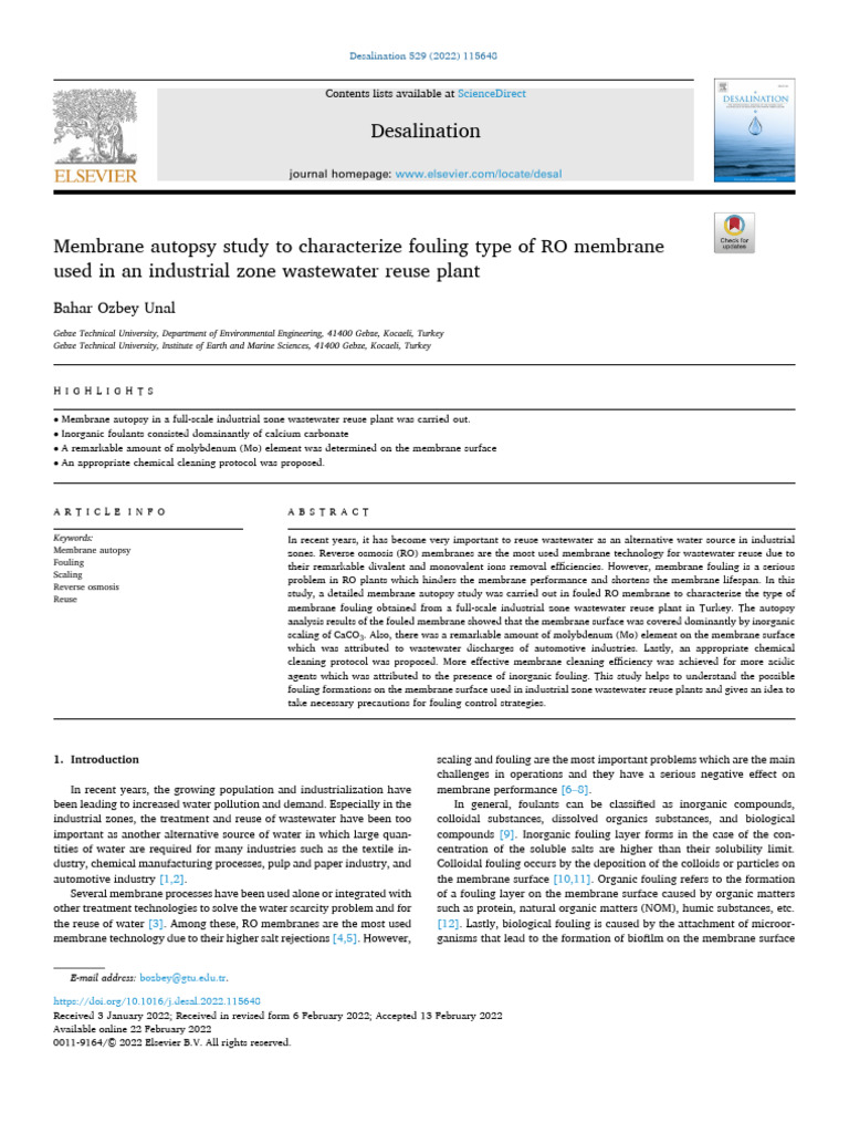 Unal (2022) - Membrane Autopsy Study To Characterize Fouling Type of RO ...