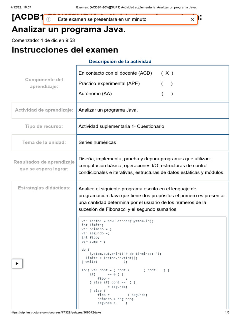 6 - 10.examen - (ACDB1-20%) (SUP1) Actividad Suplementaria - Analizar Un Programa Java | PDF ...