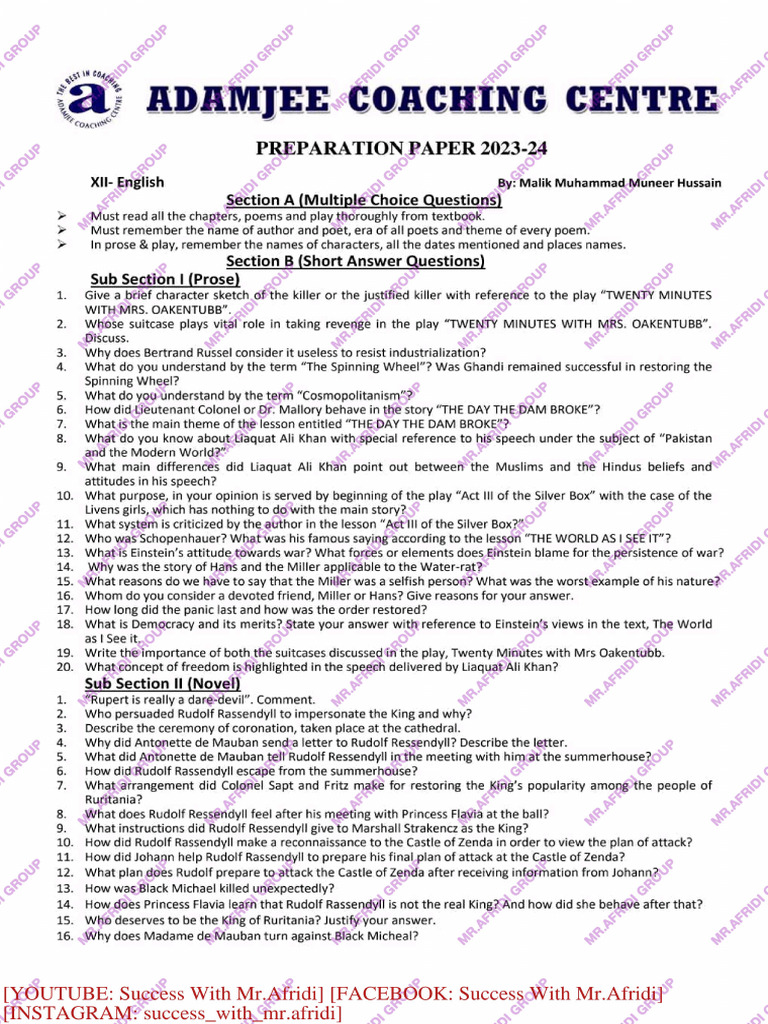 Xii-All Preparation Paper by Adamjee Couching Center | PDF