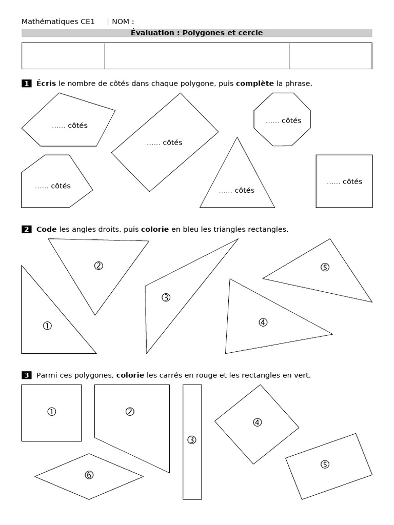 Évaluation des Polygones et Cercles CE1 | PDF | Cercle | Triangle