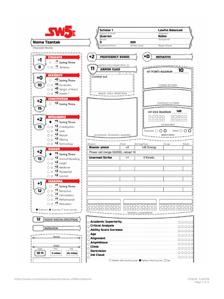 Star Wars 5E Scholar Character Sheet | PDF