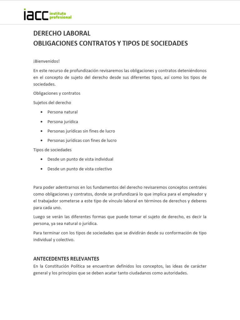 S1.02.01 Obligaciones, Contratos y Tipos de Sociedades | PDF | Derecho laboral | Economias