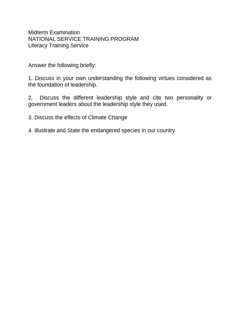 NSTP Midterm SEmi Final Examination 2024 | PDF | Politics | Self-Improvement