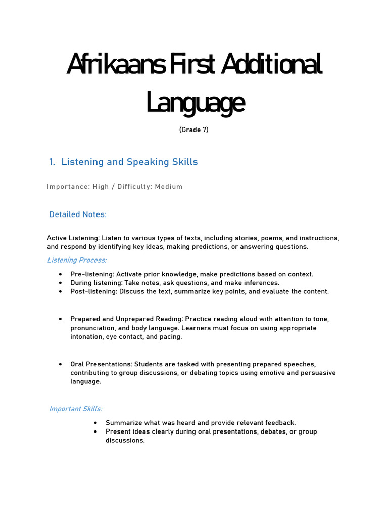Afrikaans First Additional Language Study Notes | PDF | Poetry | Narrative