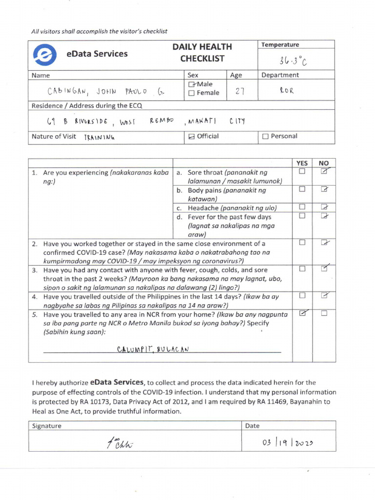 Daily Health Checklist | PDF