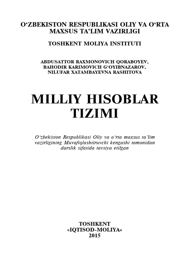 Milliy Hisoblar Tizimi Qoraboyev 2015 @iqtisodchi Kutubxonasi | PDF