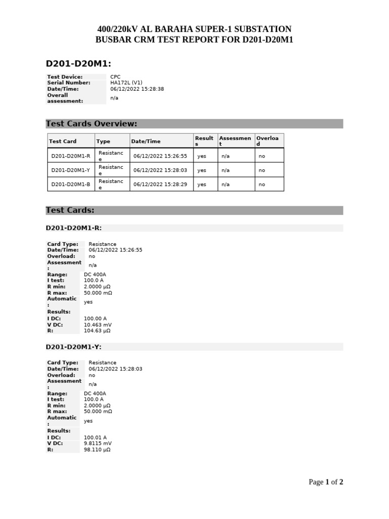 400/220Kv Al Baraha Super-1 Substation Busbar CRM Test Report For D201 ...