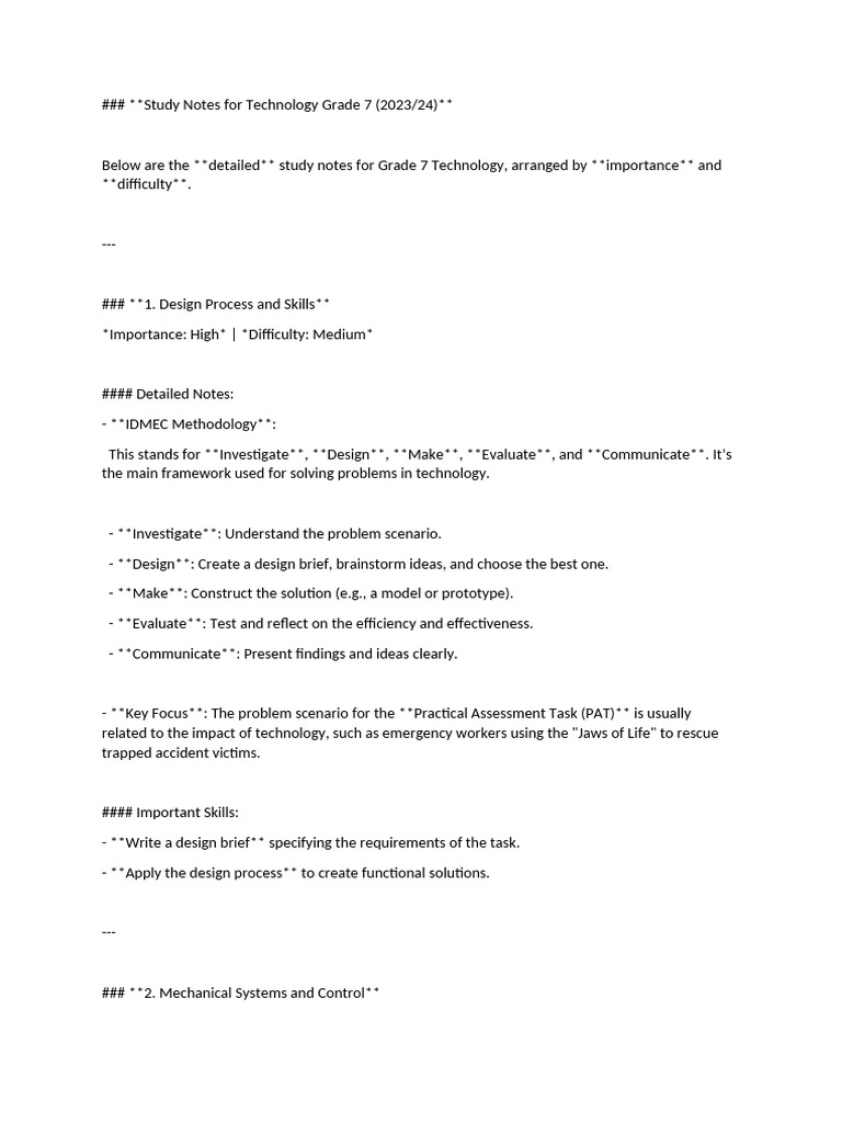 Study Notes For Technology Grade 7 | PDF | Lever