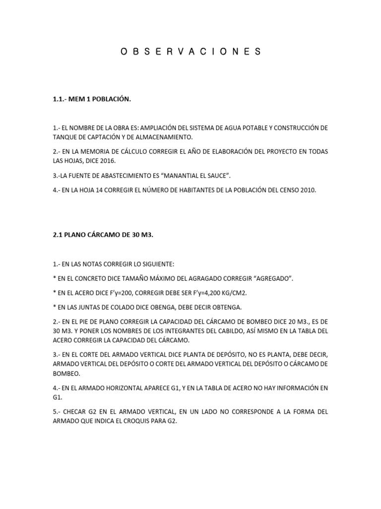 Observaciones para Proyecto de Agua Potable | PDF | Tecnología