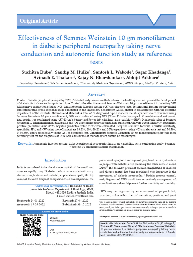 Effectiveness of Semmes Weinstein 10 GM Monofilame | PDF | Peripheral ...