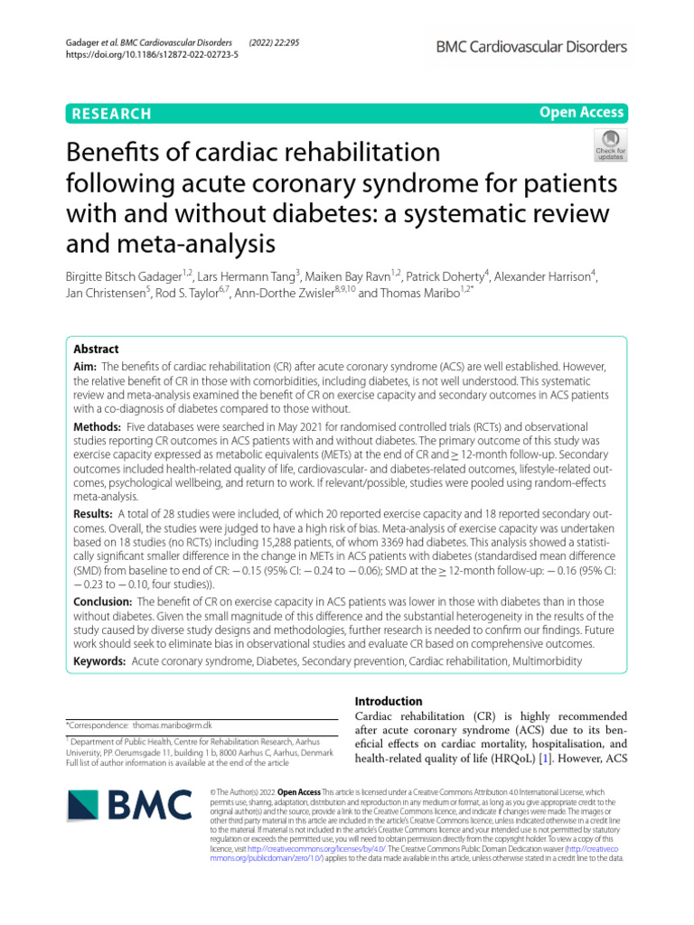 Benefits of Cardiac Rehabilitation Following Acute Coronary Syndrome For Patients With and ...
