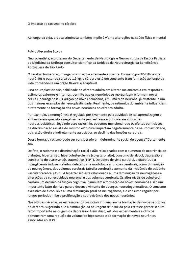 O Impacto Do Racismo No Cã©rebro | PDF | Neuroplasticidade | Neurogênese