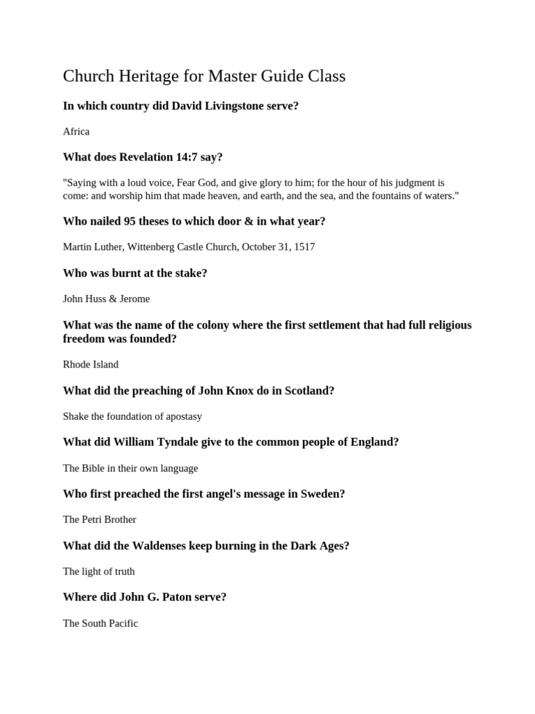 Church Heritage Questions | PDF | Seventh Day Adventist Church ...