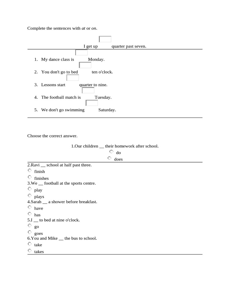 Complete The Sentences With at or On | PDF | Language Arts & Discipline
