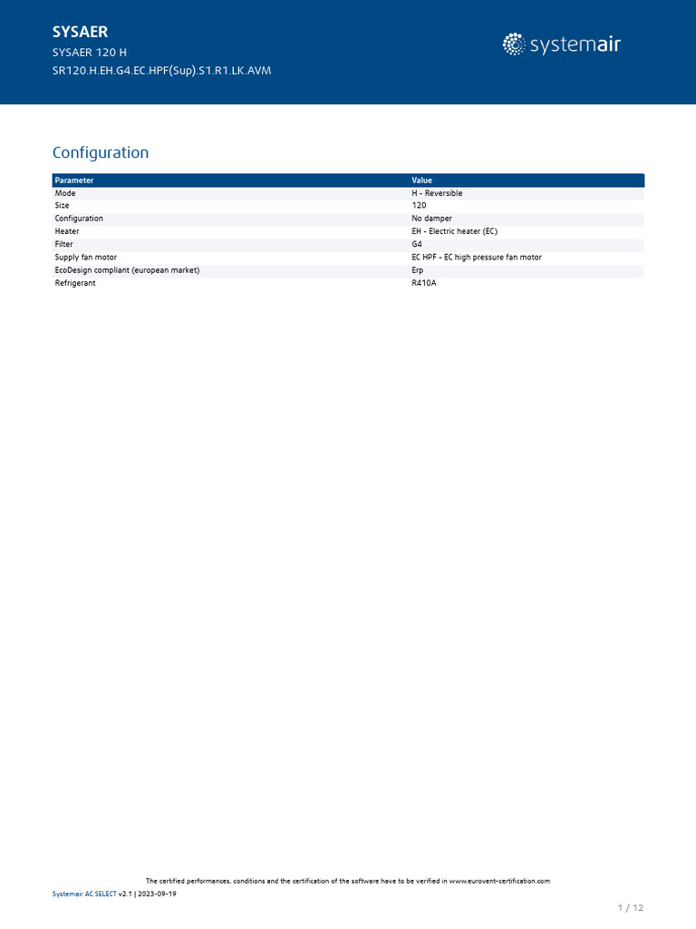 SYSAER 120 H Pevalit Roof Top - 231221 - 142817 | PDF | Air ...
