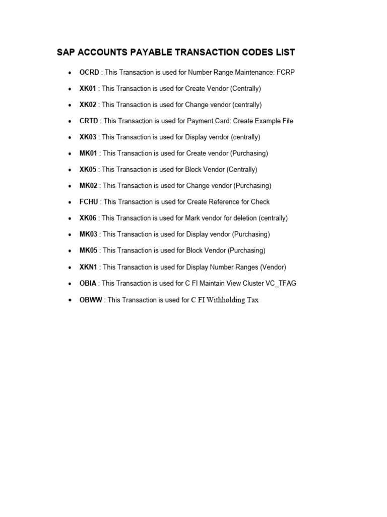 SAP Accounts Payable Transaction Codes | PDF