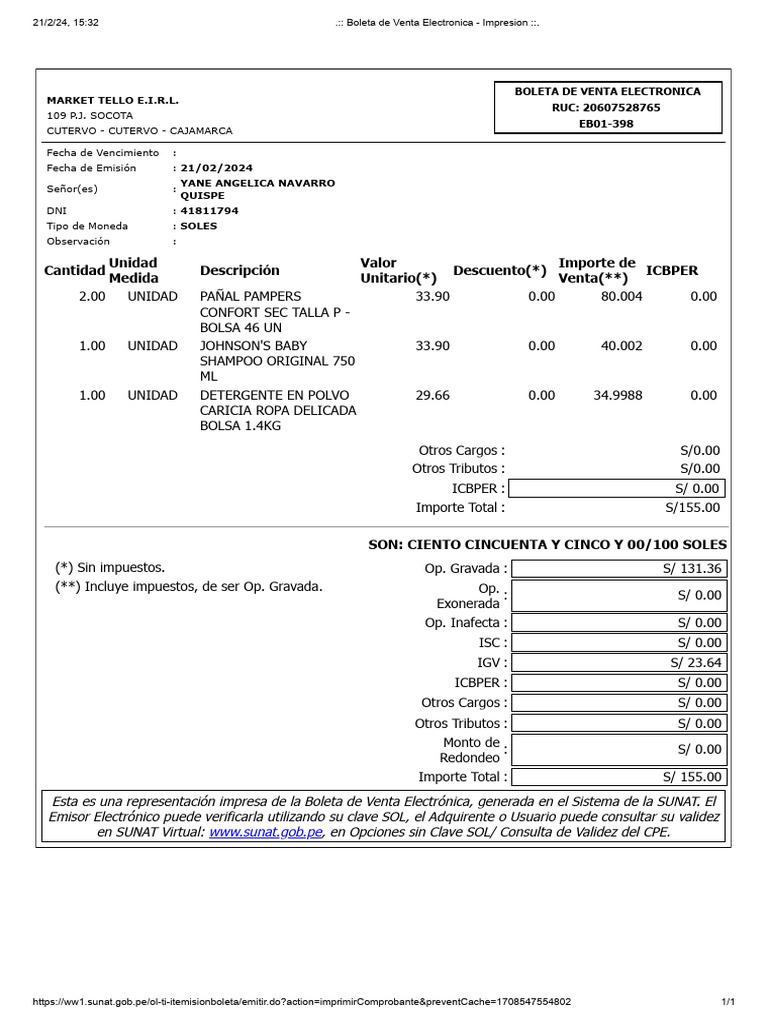 Pdf-Boleta Eb01-398 - 20607528765 | PDF