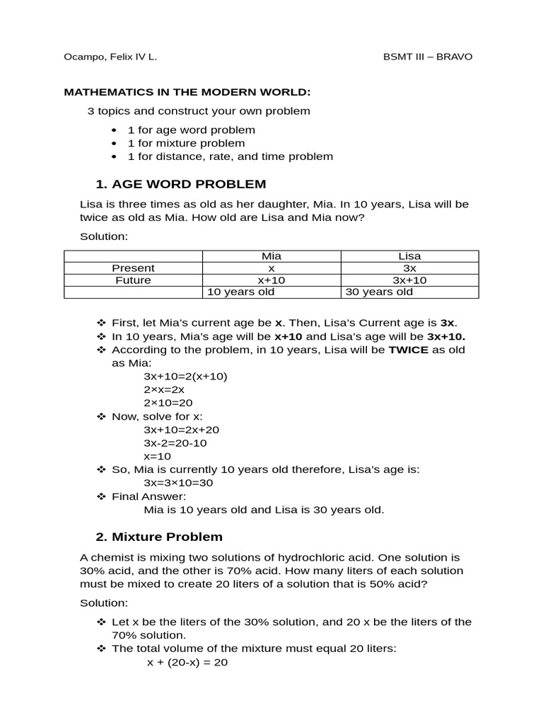 SOLVING: Age Word Problem/Mixture Problem and Distance, Rate and Time Problem | PDF | Equations ...