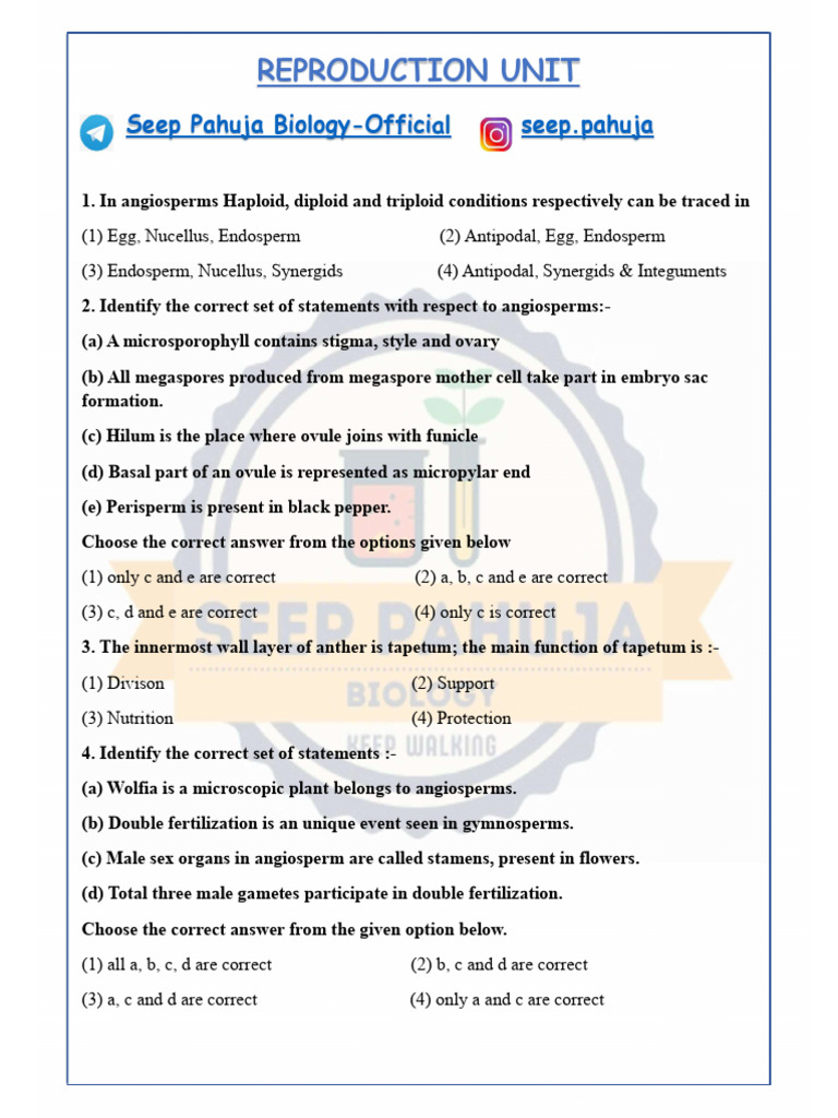 Angiosperm Reproduction Quiz | PDF | Reproduction | Biological Processes