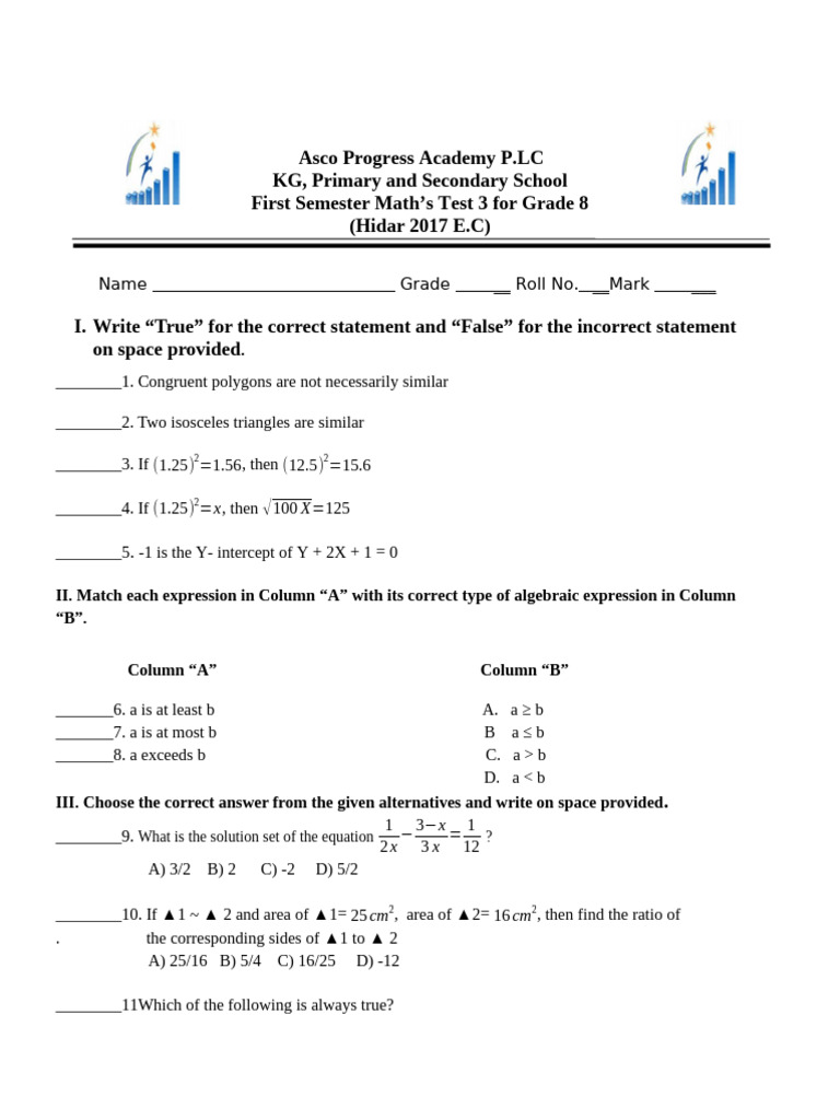 test 3 grade 8 final | PDF | Elementary Mathematics | Geometry