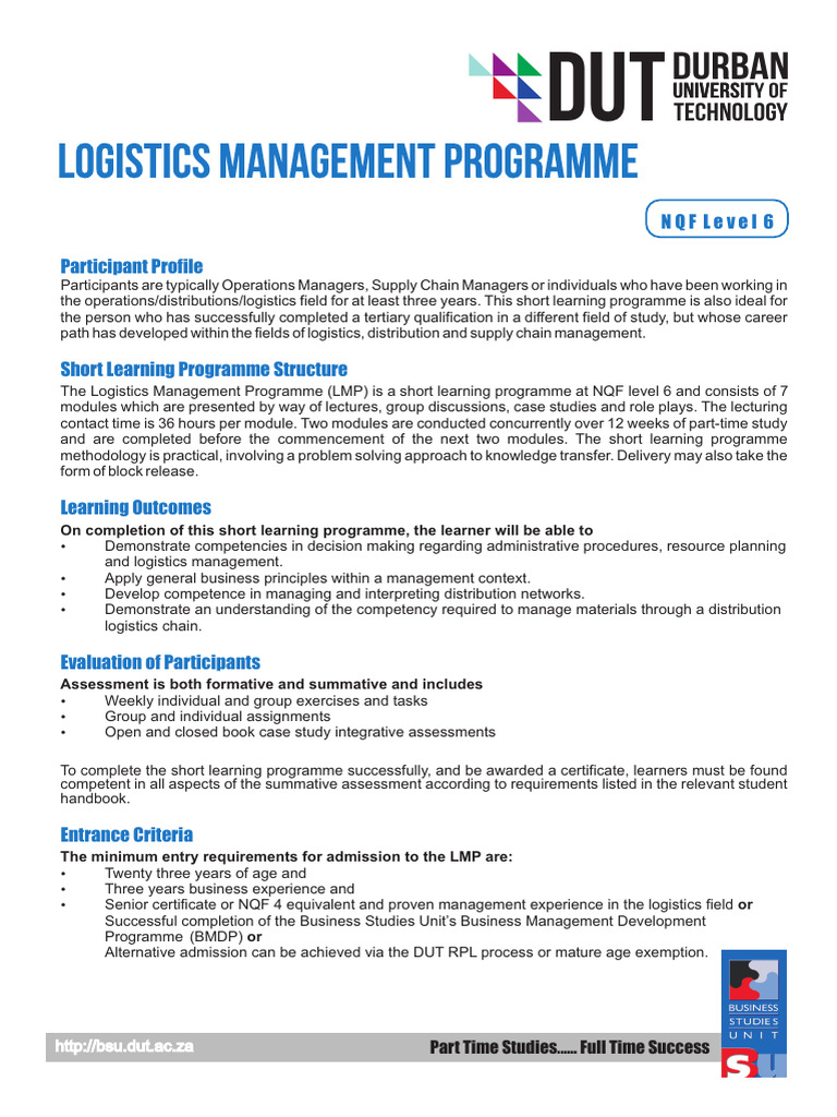Logistics Management NQF 6 Course | PDF | Project Management | Logistics