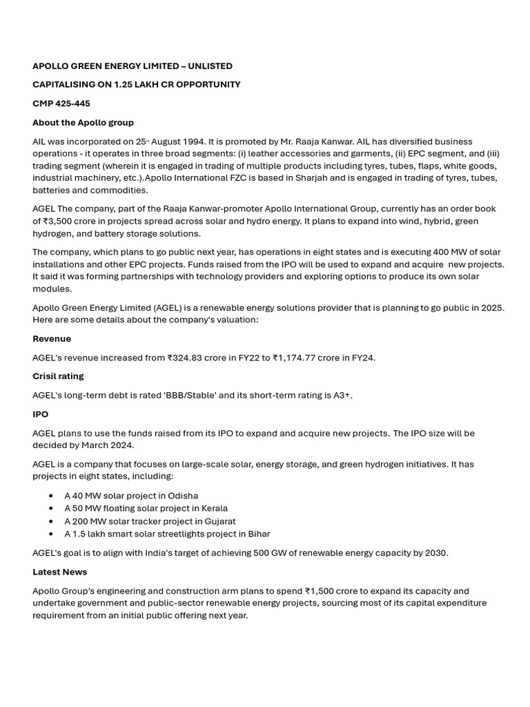 Apollo Green Energy IPO Plans 2025 | PDF | Renewable Energy ...