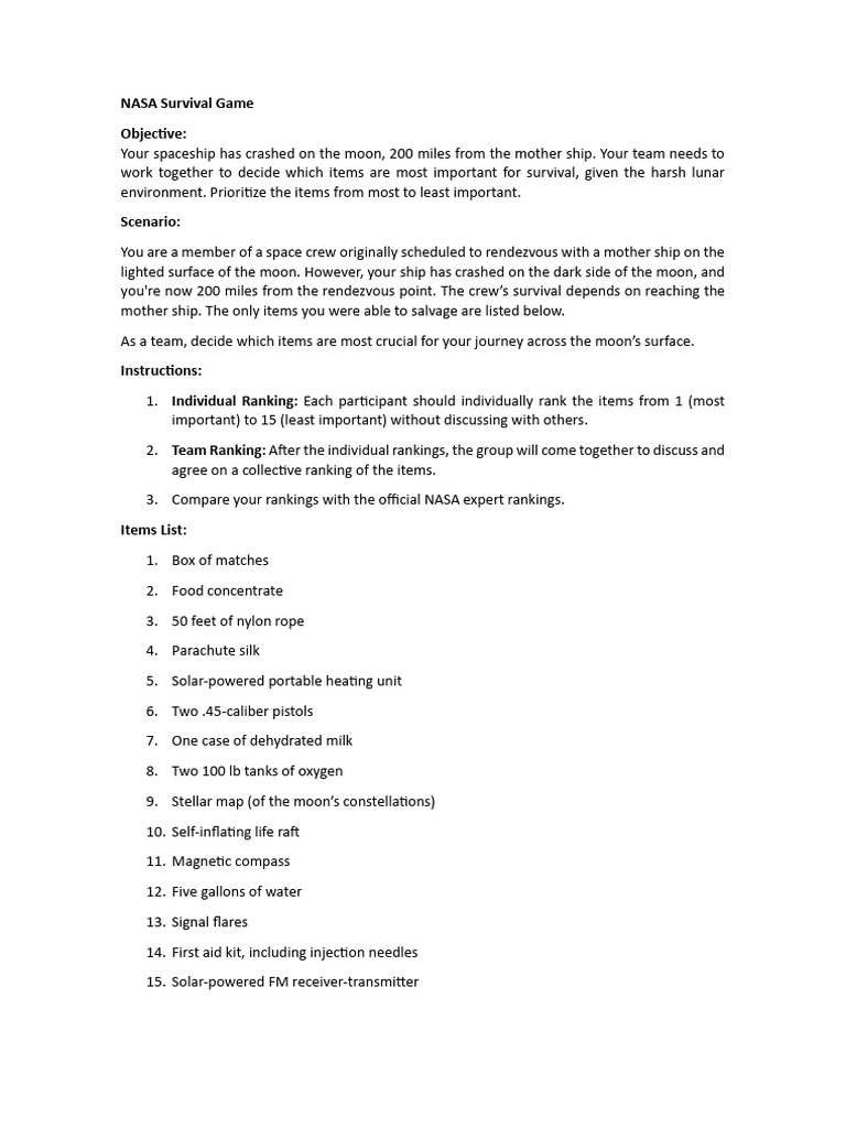 NASA Survival Game | PDF | Moon | Compass