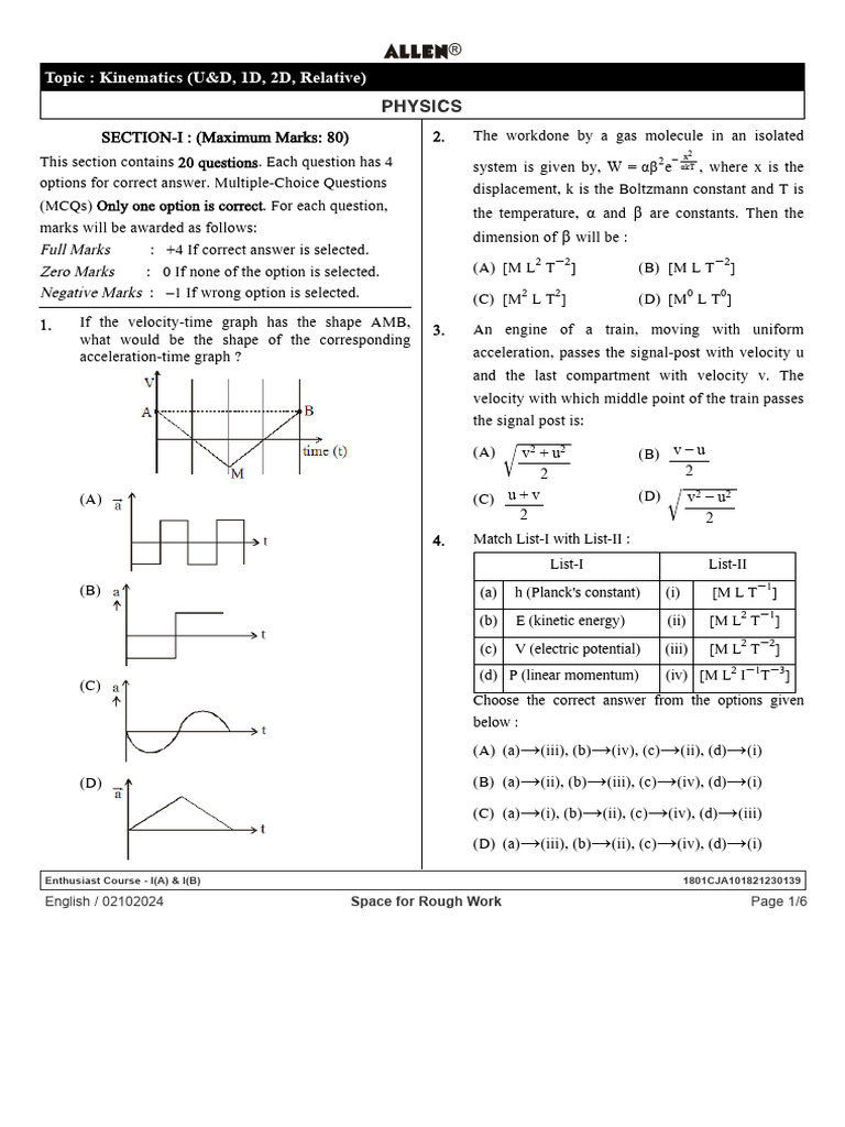 SECTION-I: (Maximum Marks: 80) : Physics | PDF | Velocity | Acceleration