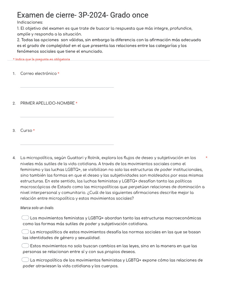 Examen de Cierre 3P-2024 - Grado Once - Formularios de Google | PDF | Migración humana | Transexual