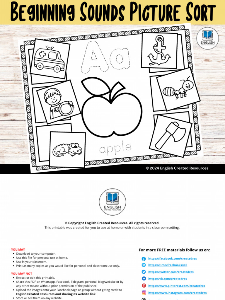 Beginning Sounds Picture Sort Copyright 2024 English Created Resources ...