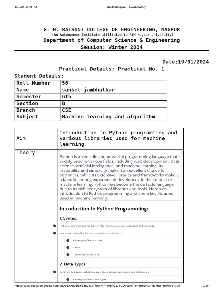 B-56 Sanket Jambhulkar MLA-1 | PDF | Python (Programming Language) | Data Type