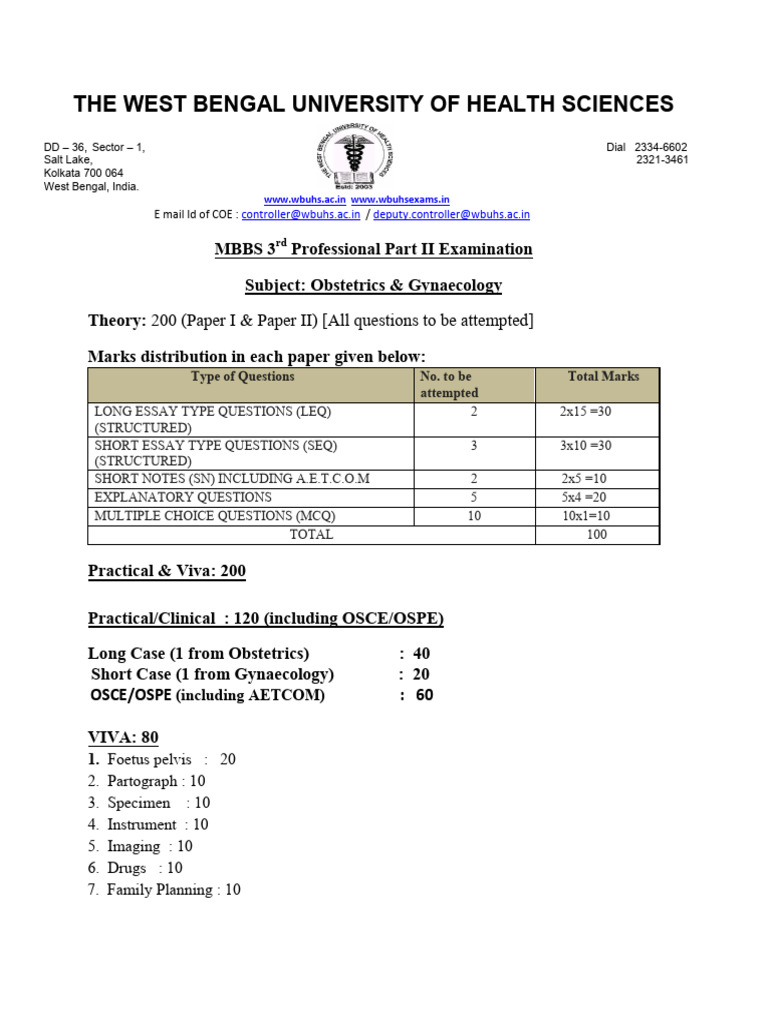 Obstetrics & Gynaecology Marks Distribution & Syllabus MBBS 3rd Professional Part II ...